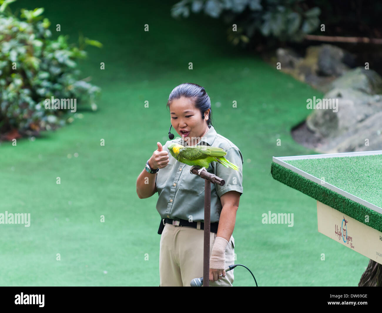 An animal trainer shows a bird to the audience at Jurong Bird Park in ...