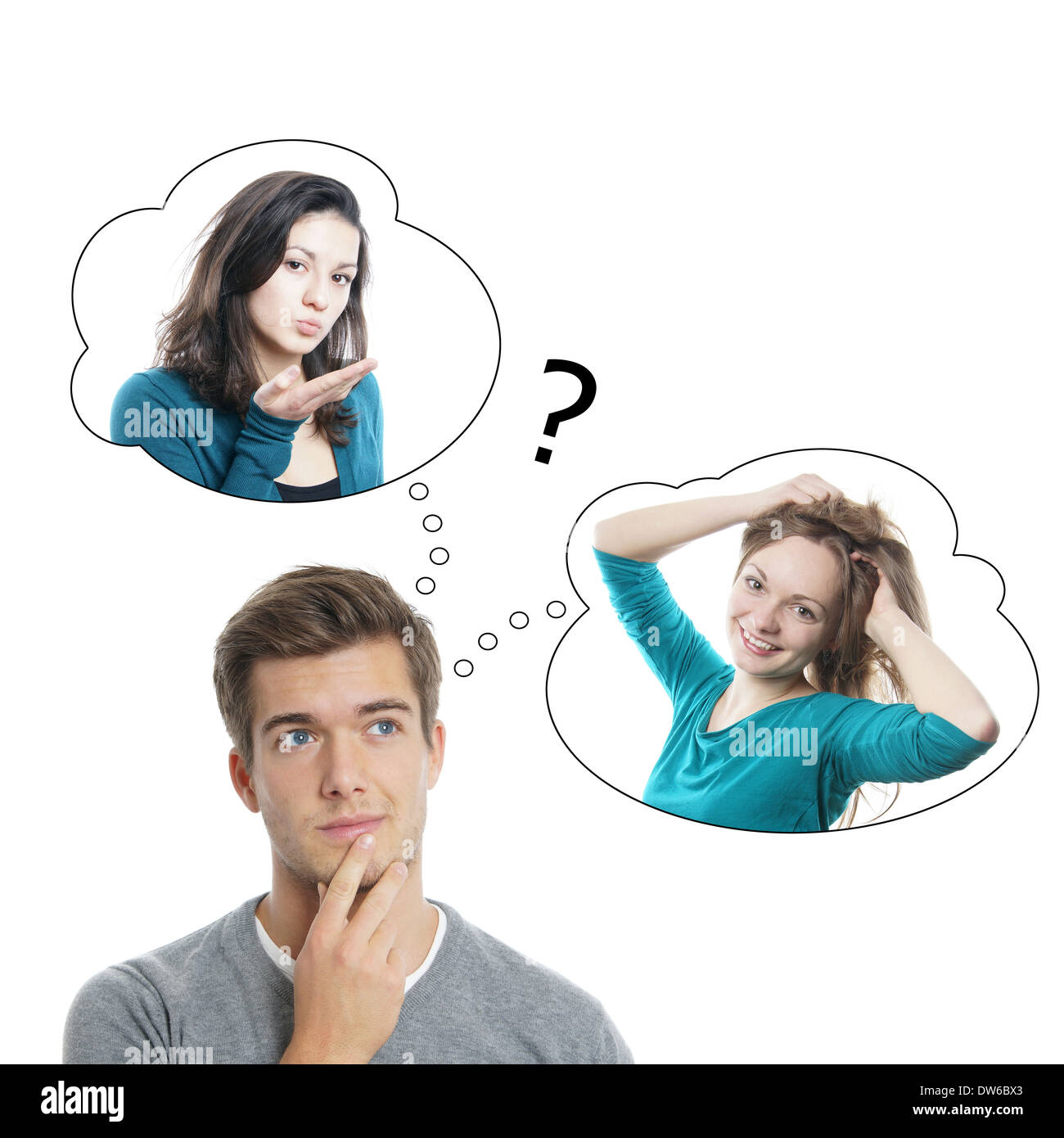 indecisive young man considerung partner choice Stock Photo - Alamy