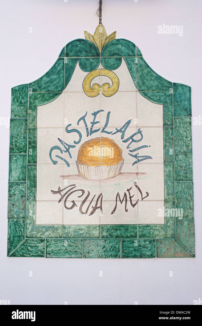 Signboard made of azulejos ceramic tin glazed tilework Algarve Portugal ...