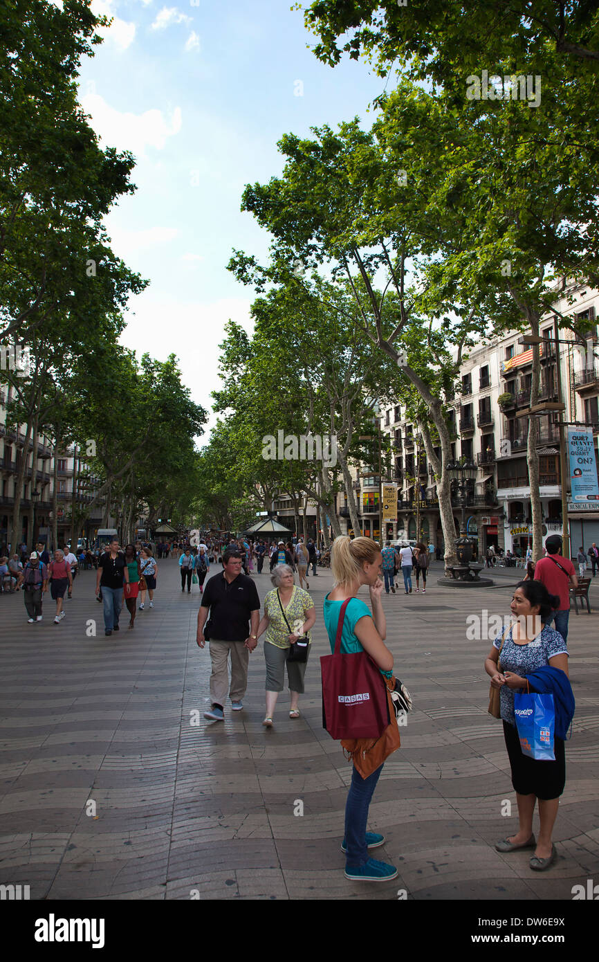 Spain, Catalonia, Barcelona, Tourist walking along the tree lined ...