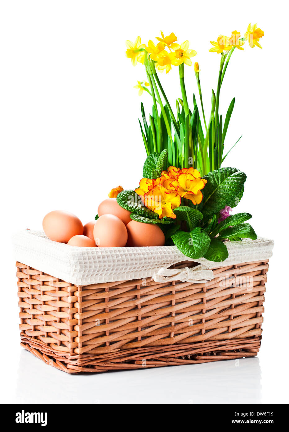 basket with spring flowers and eggs isolated on white Stock Photo - Alamy