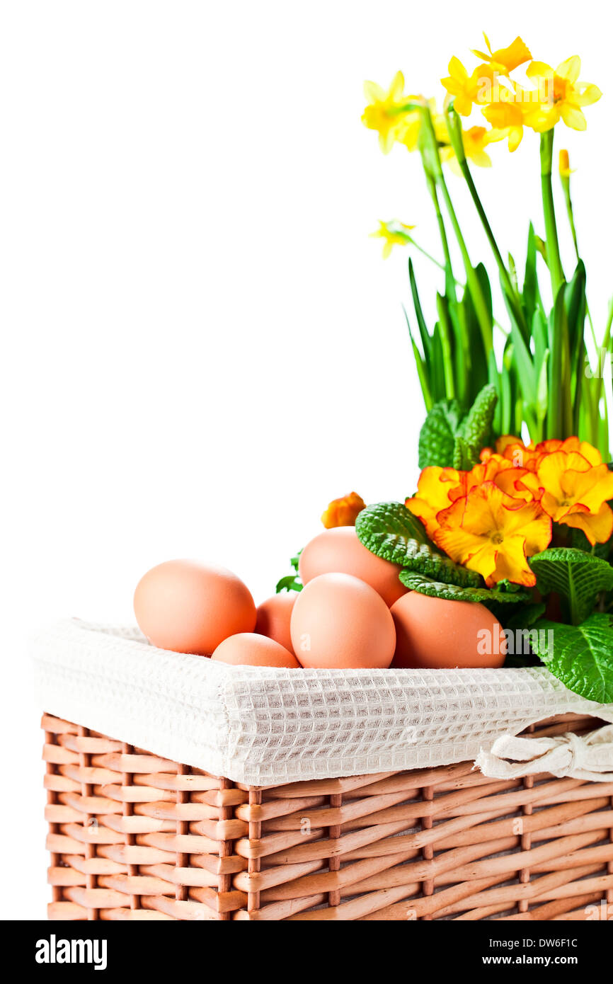 basket with spring flowers and eggs isolated on white Stock Photo - Alamy