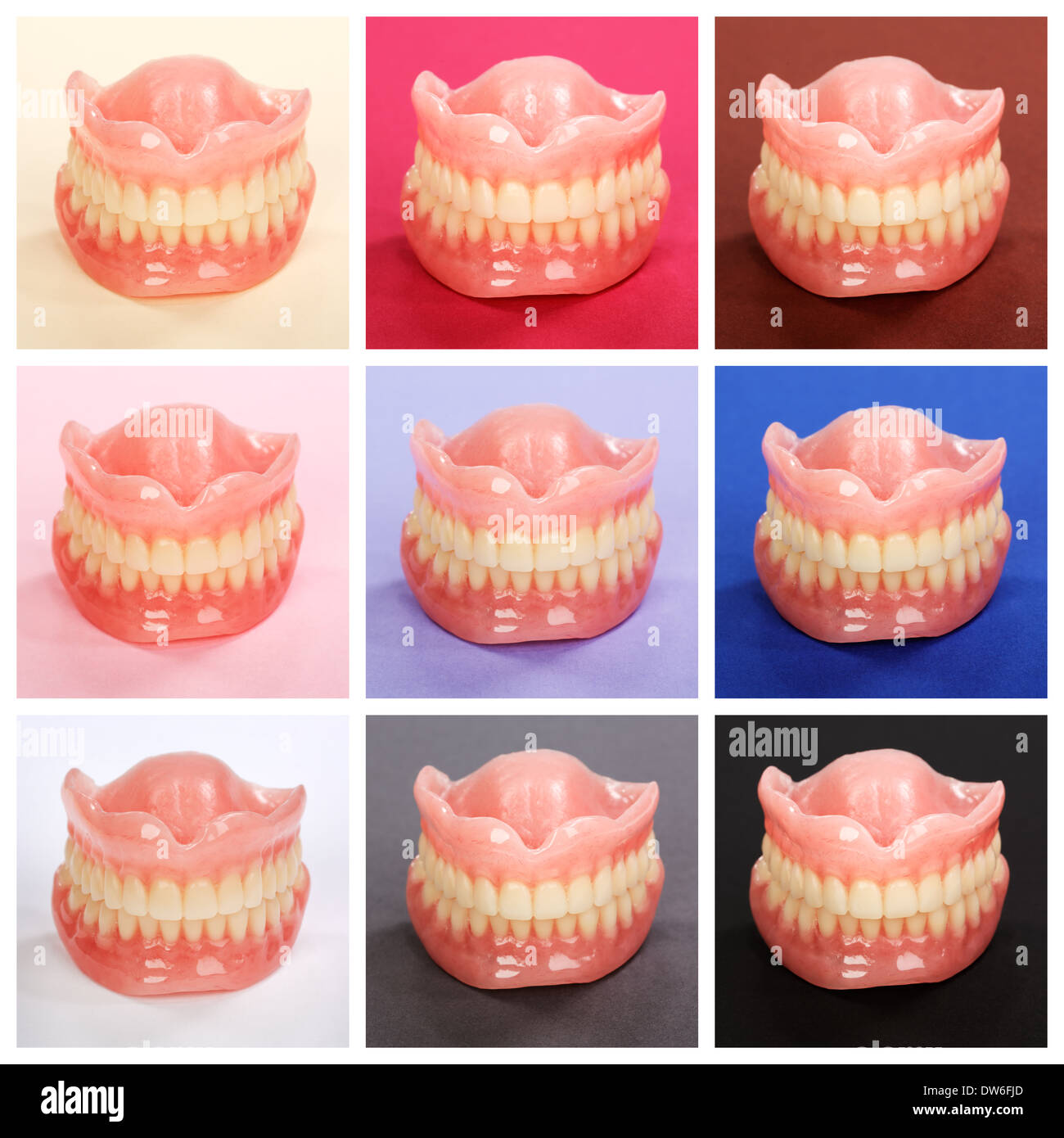 Compilation of dentures on colorful paper backgrounds Stock Photo - Alamy