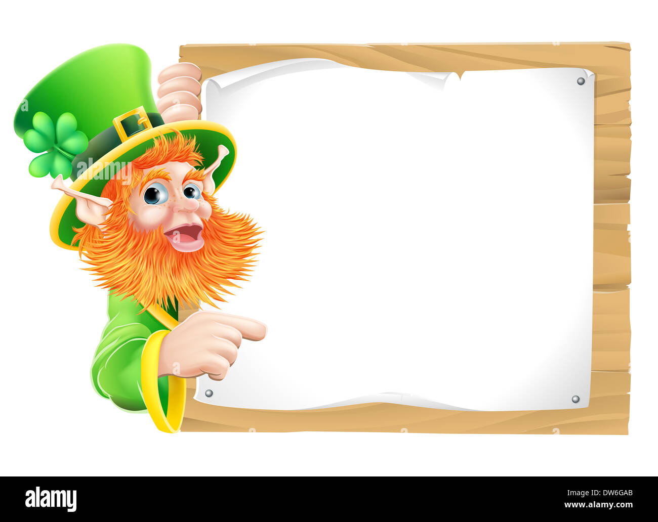 Leprechaun cartoon character pointing at a message pinned to a wooden ...