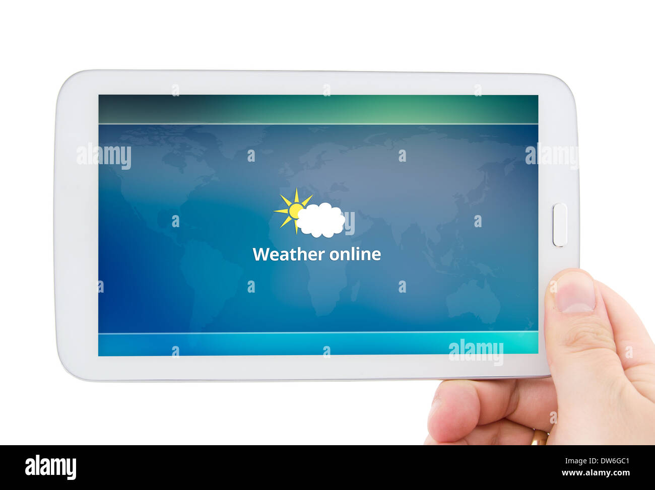 Hand holding tablet with mobile weather forecast app Stock Photo - Alamy