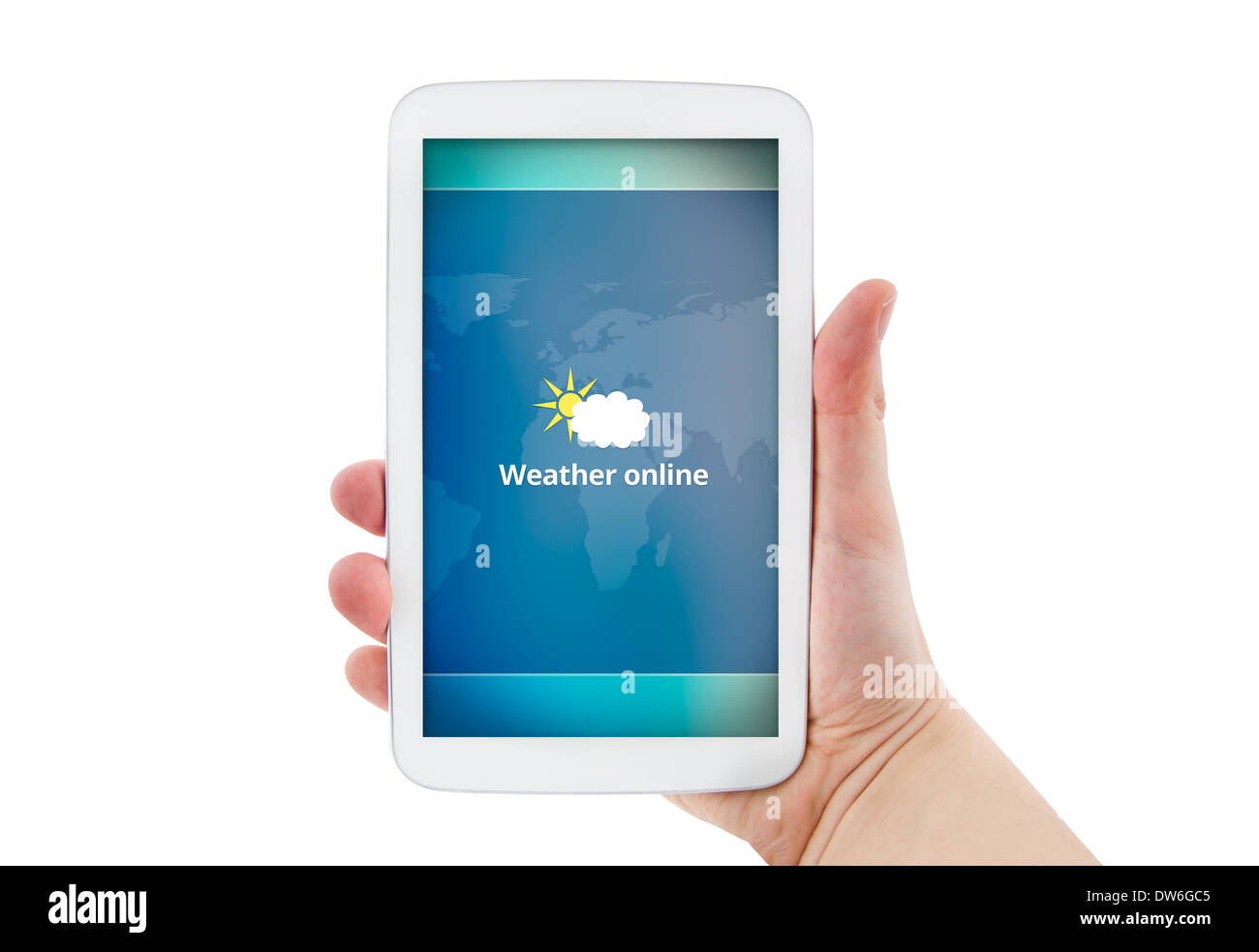 Hand holding tablet with mobile weather forecast app Stock Photo - Alamy