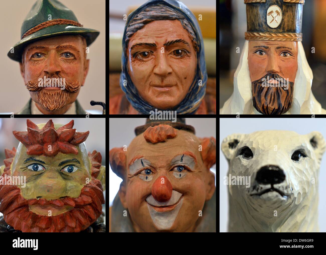 COMBO - Different heads of wooden figures are pictured during the 'Erz ...