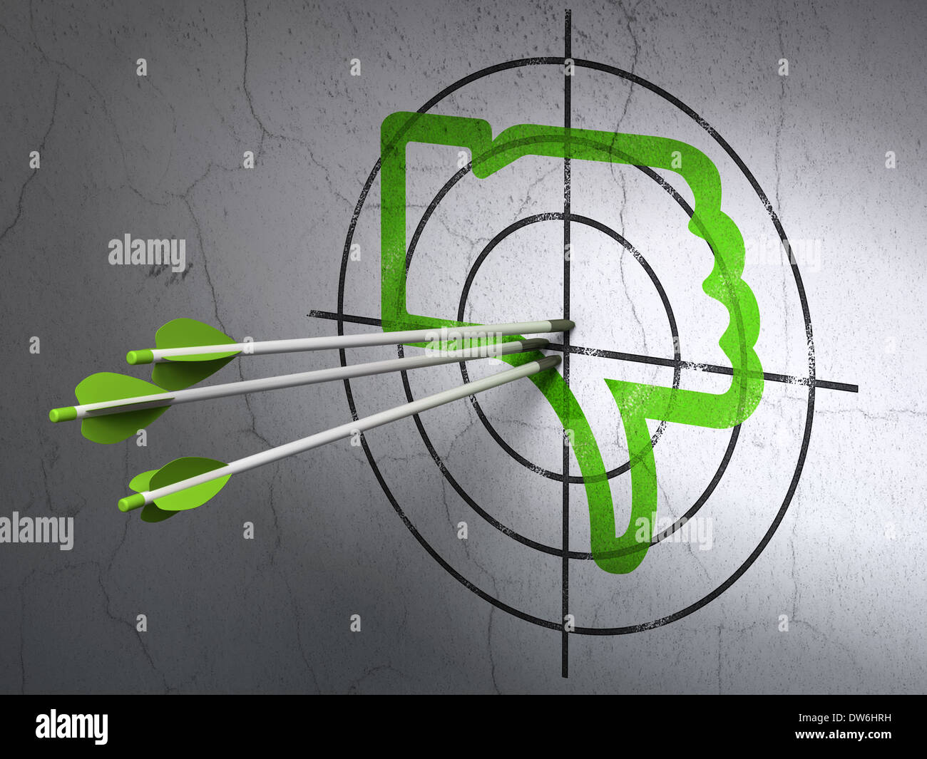 Social media concept: arrows in Thumb Down target on wall background ...