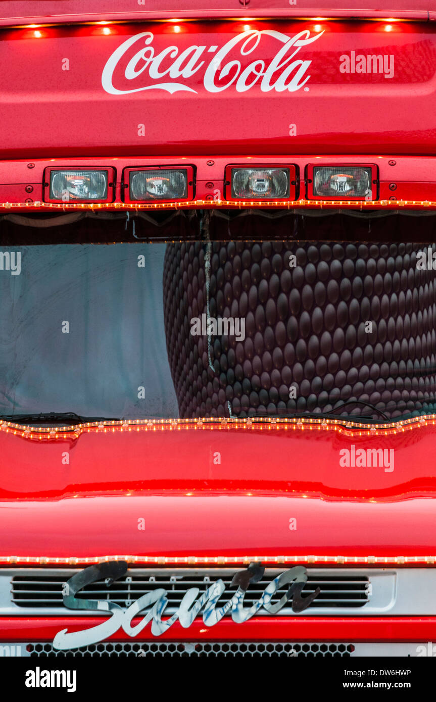 Head on view of Coca Colas advertising juggernaut lorry Stock Photo - Alamy