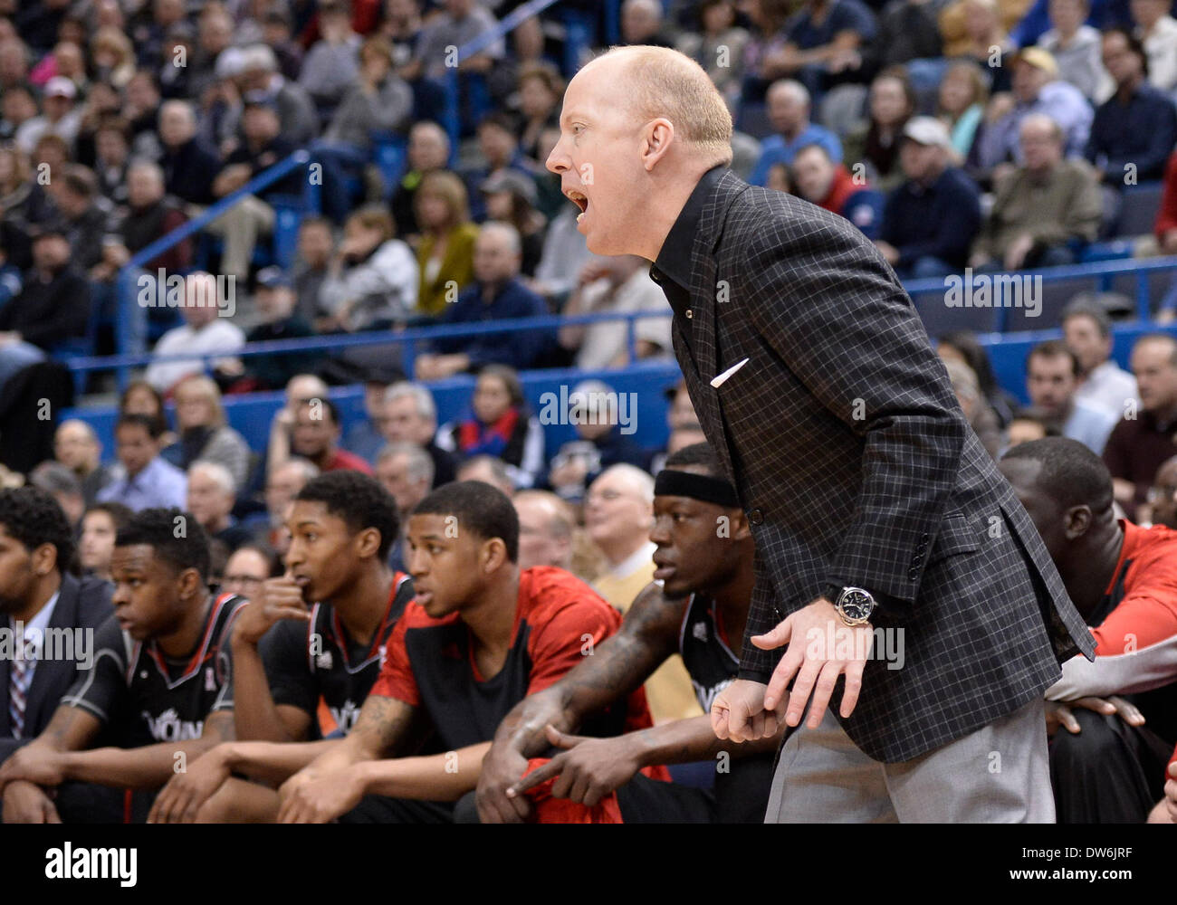 Hartford, CT, USA. 1st March, 2014. Cincinnati Bearcats Head coach Mick ...