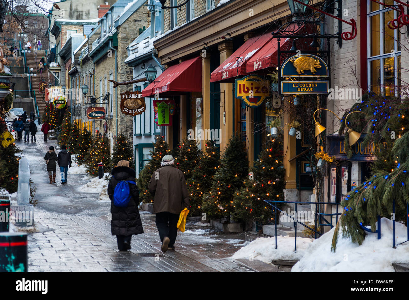 Winter view of Rue Petit Champlain in Quebec City, Canada Stock Photo ...
