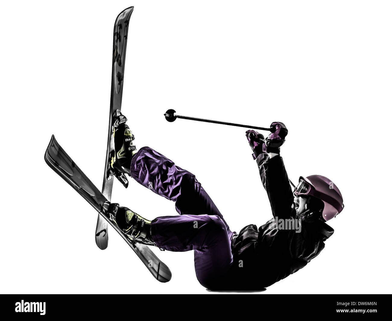 one woman skier skiing falling in silhouette on white background Stock ...