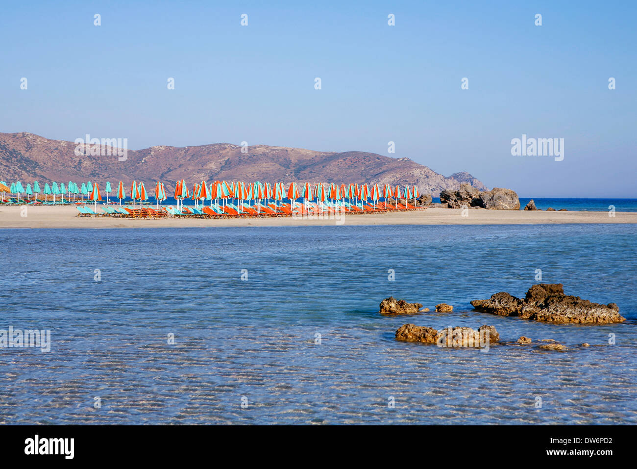 Elafonisos beach with umbrellas and sun loungers on the south-west ...