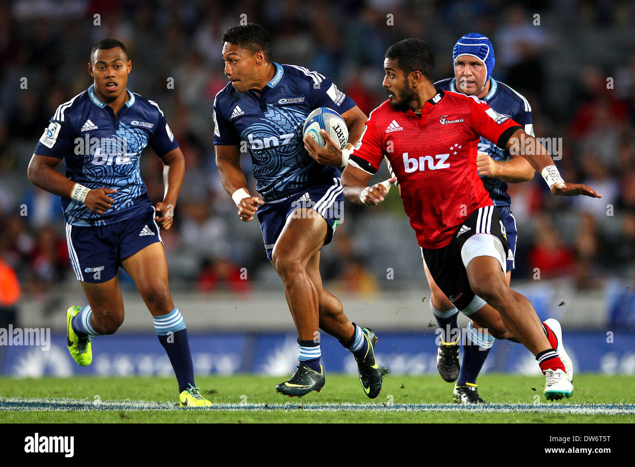 Auckland, New Zealand. 28th Feb, 2014. George Moala of the Blues steps ...