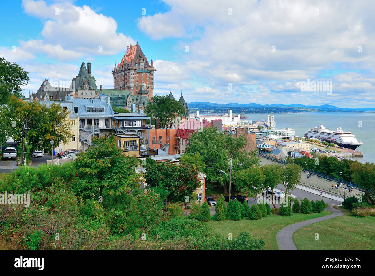 Quebec City cityscape panorama with cloud, blue sky and historical ...