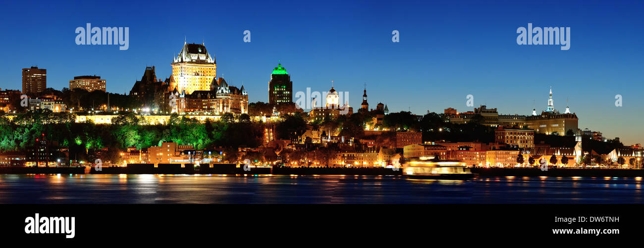 Quebec City skyline panorama at dusk over river viewed from Levis Stock ...