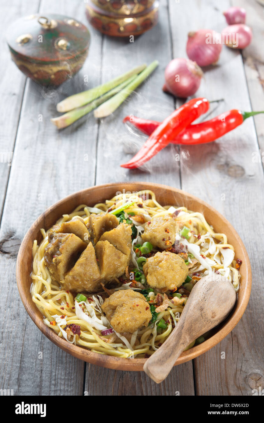 Mee bakso. Bakso or baso is Indonesian meatball made from beef surimi ...