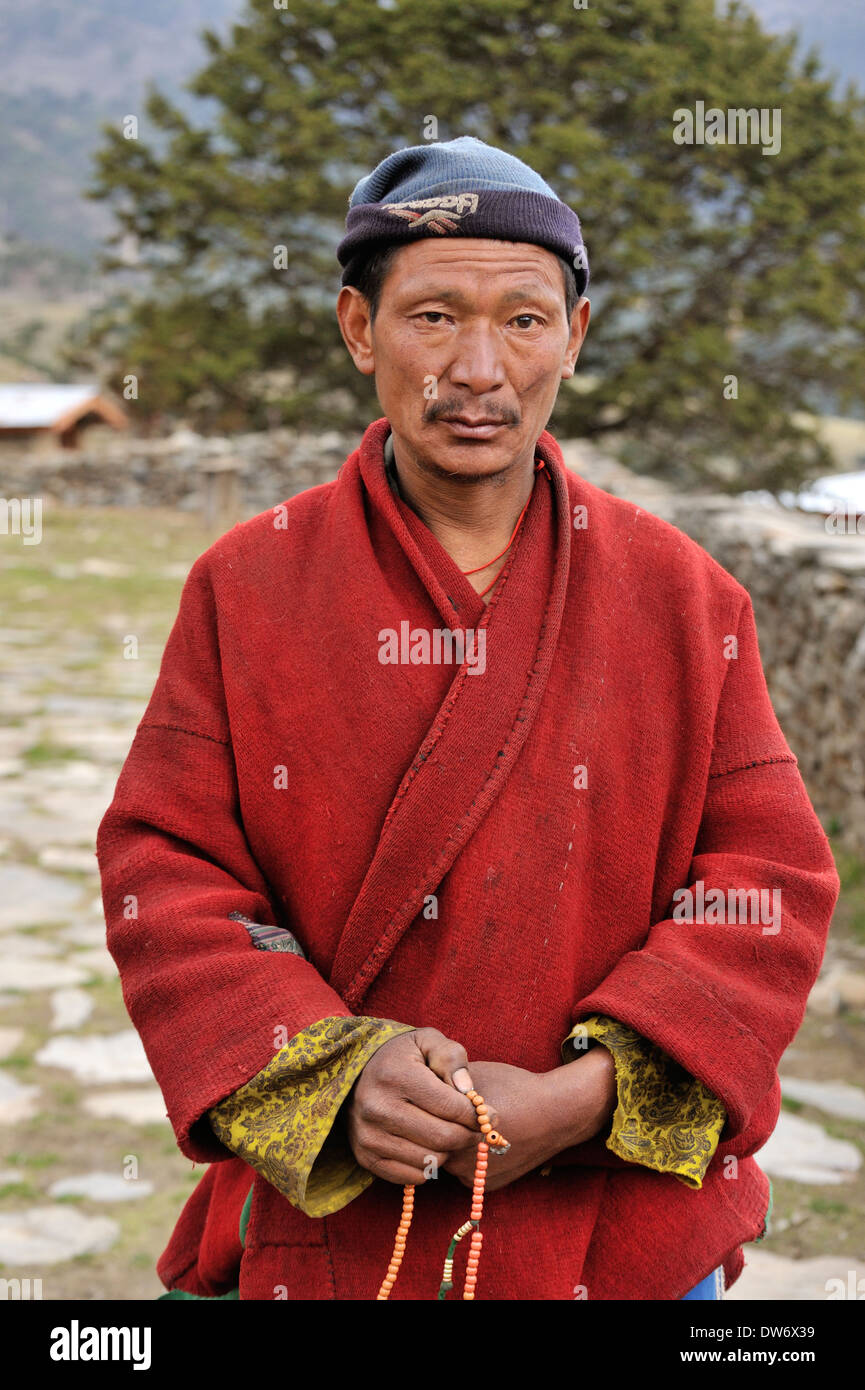 Brokpa man in traditional costume, village of Merak on Merak Sakteng ...