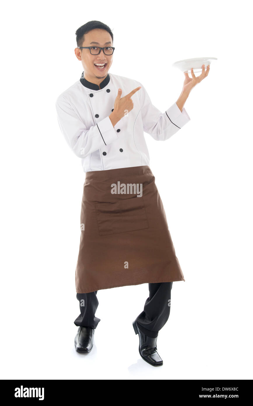 Full body Asian chef holding an empty plate ready for food, thumb up ...