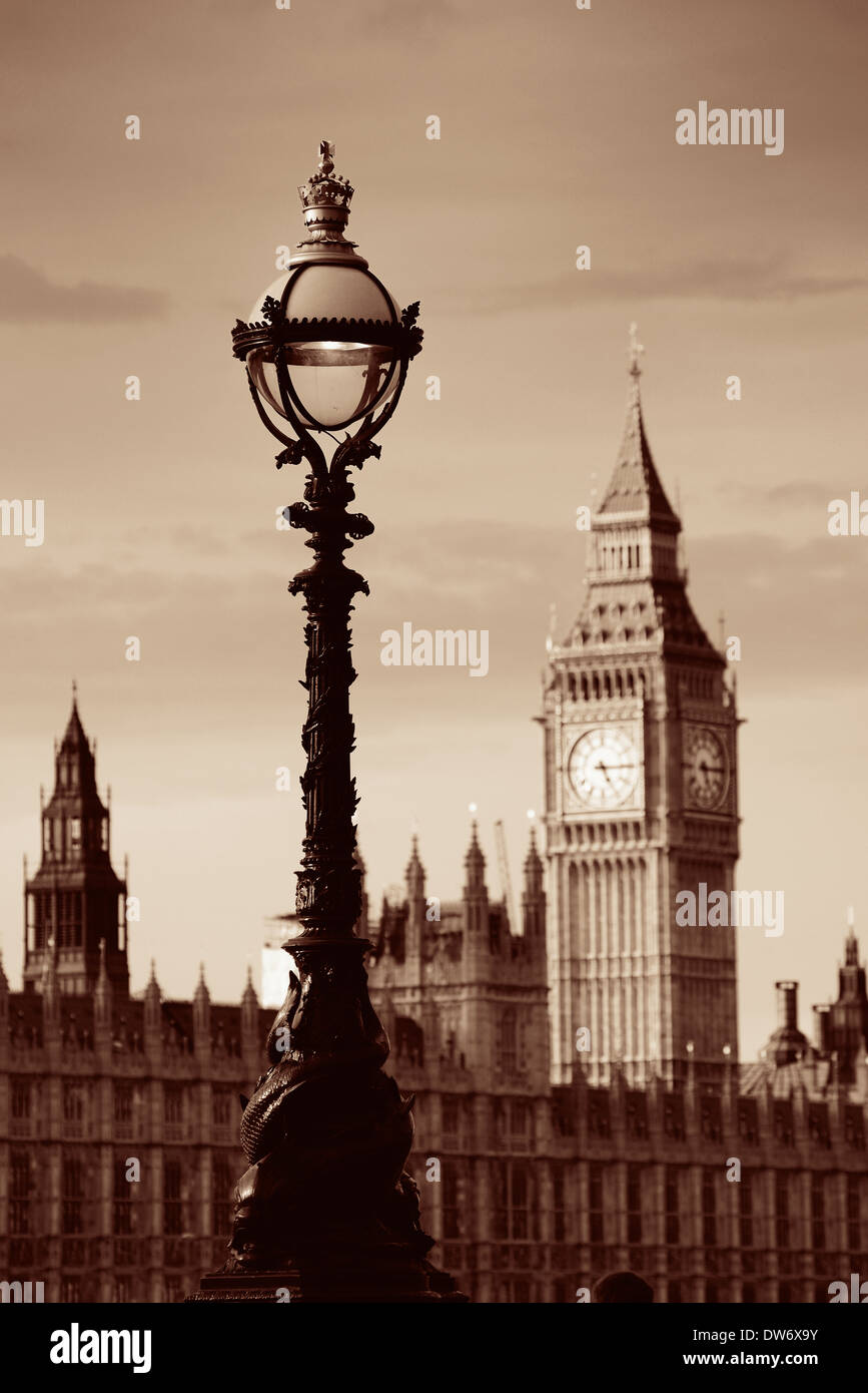 Vintage lamp post on Westminster Bridge with Big Ben in London. Black ...