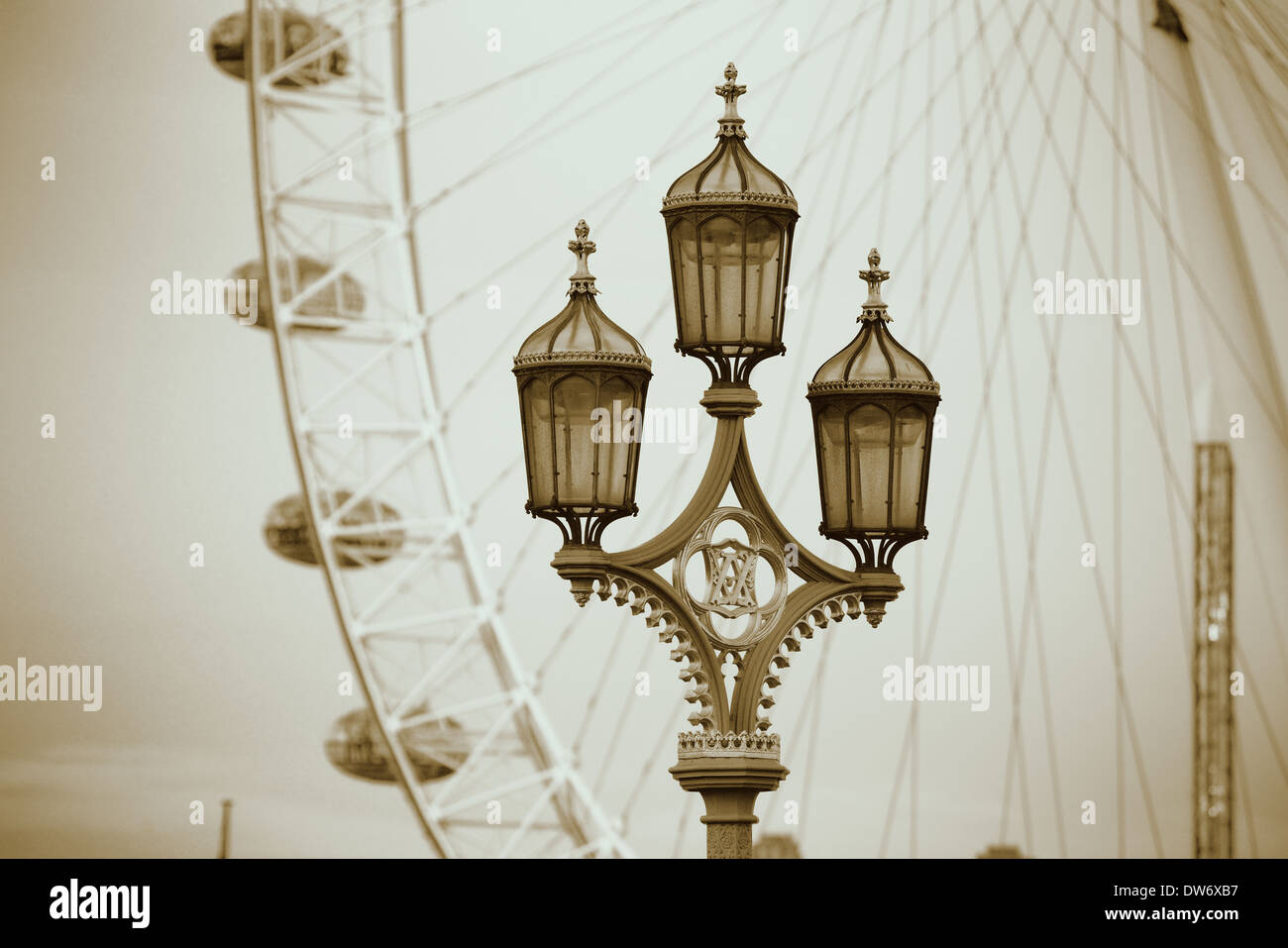 Vintage lamp post on Westminster Bridge in London in black and white ...