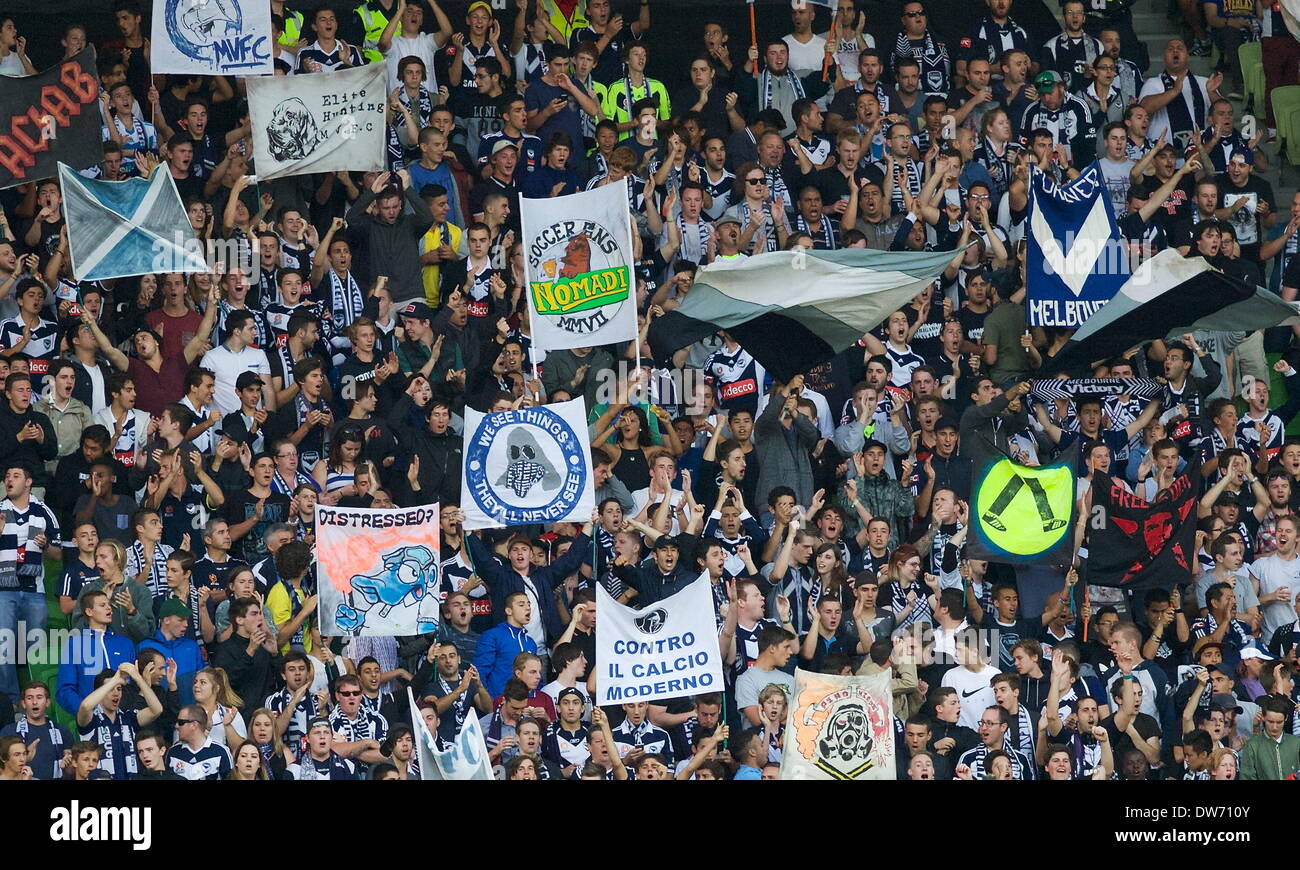 Melbourne, Australia. 1st March 2014. Melbourne Victory fans celebrate ...
