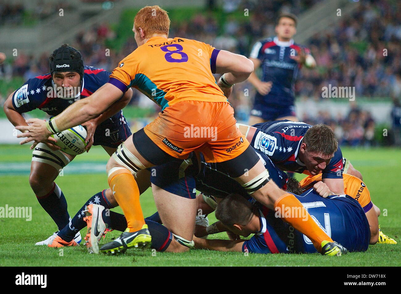 Melbourne, Australia. 28th Feb, 2014. Melbourne Rebel player looks to ...