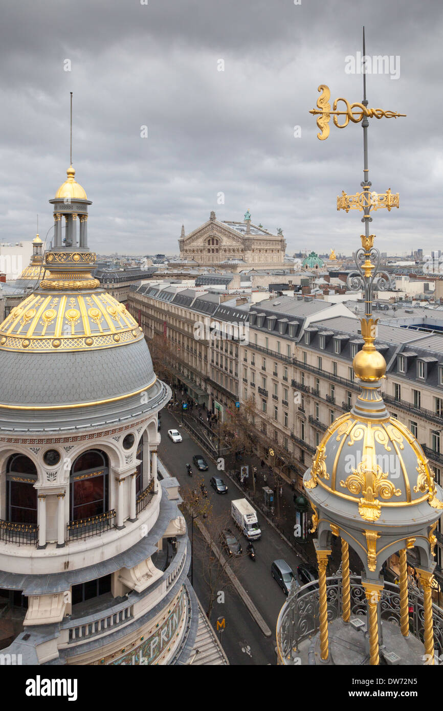 Gilded turret and wind wave on the rooftop of Au Printemps department ...
