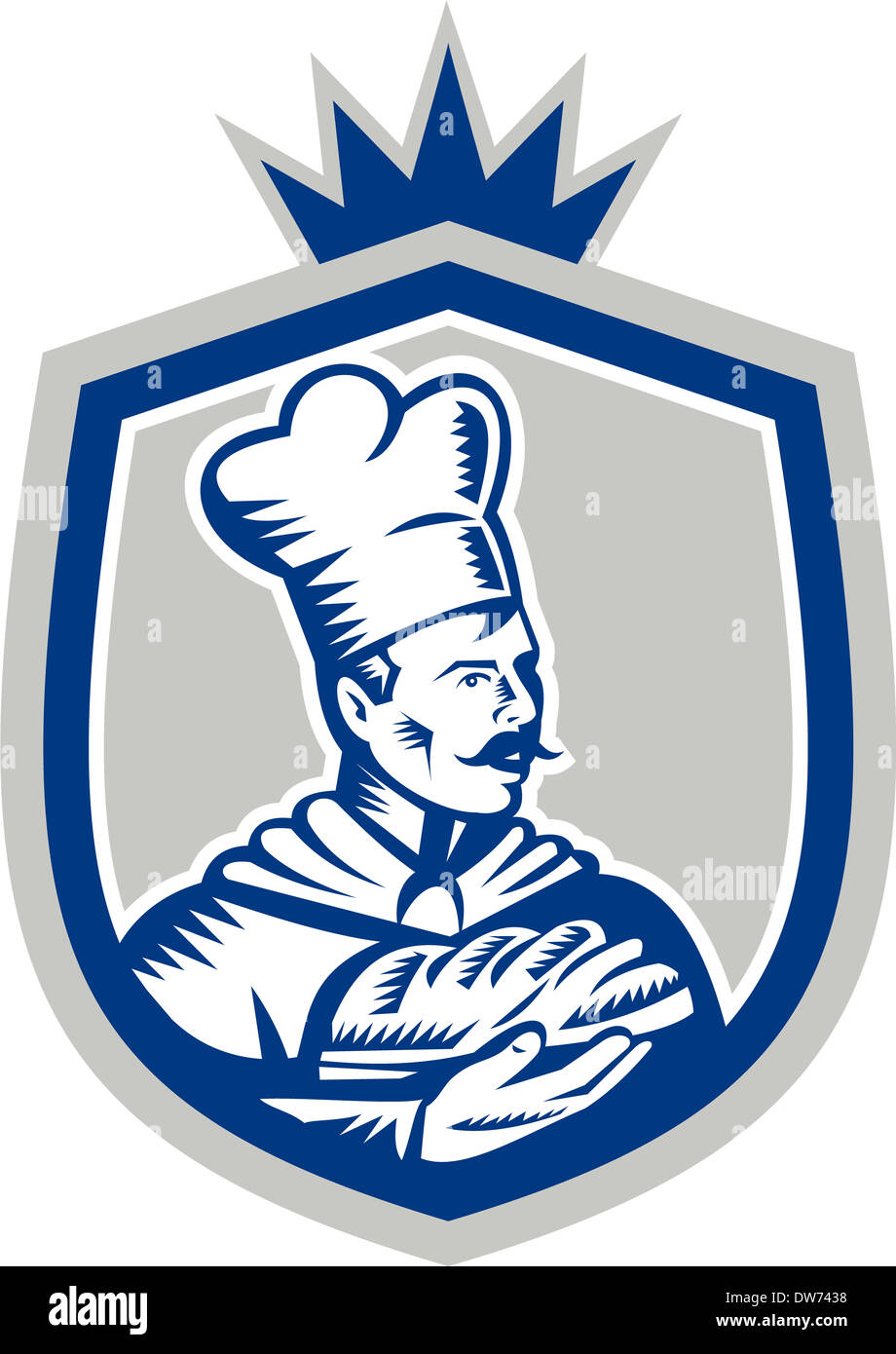 Illustration of a baker chef cook holding loaf of bread set inside ...