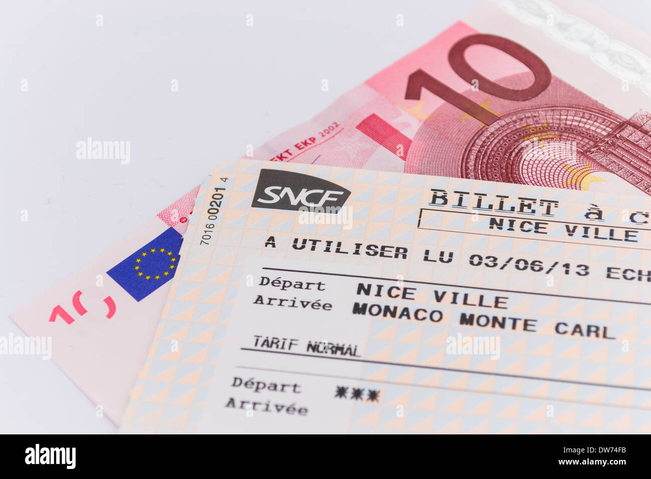 SNCF ticket from Nice to Monaco and a 10 euro banknote Stock Photo - Alamy