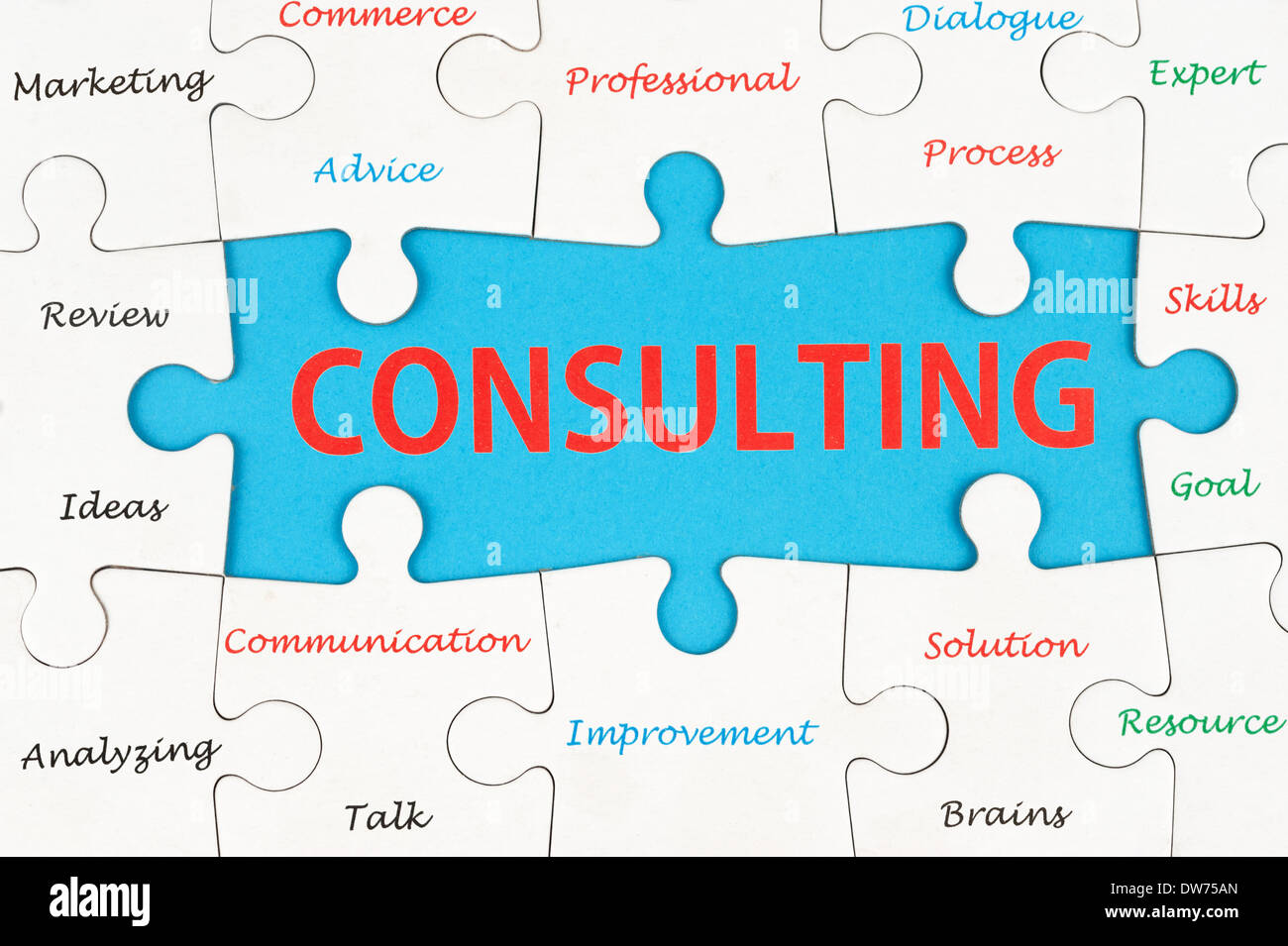 Consulting concept word cloud on group of jigsaw puzzle pieces Stock ...