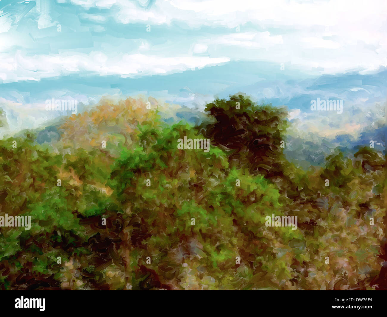 Painting of a natural landscape in northern Thailand with Doi Inthanon ...
