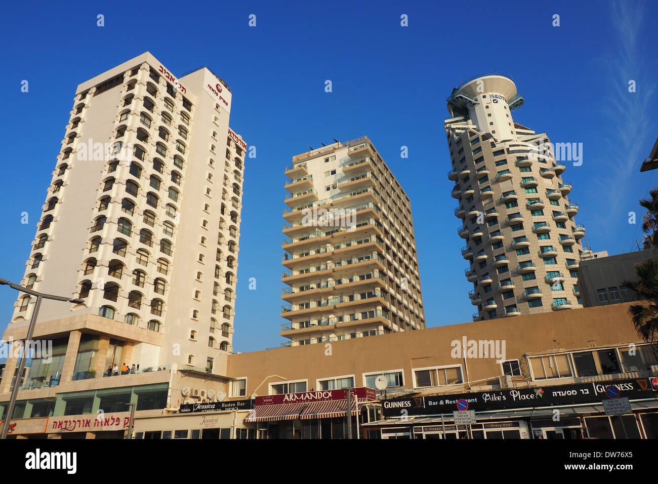 Three high rise buildings, hotels along the beach front of Tel Aviv ...