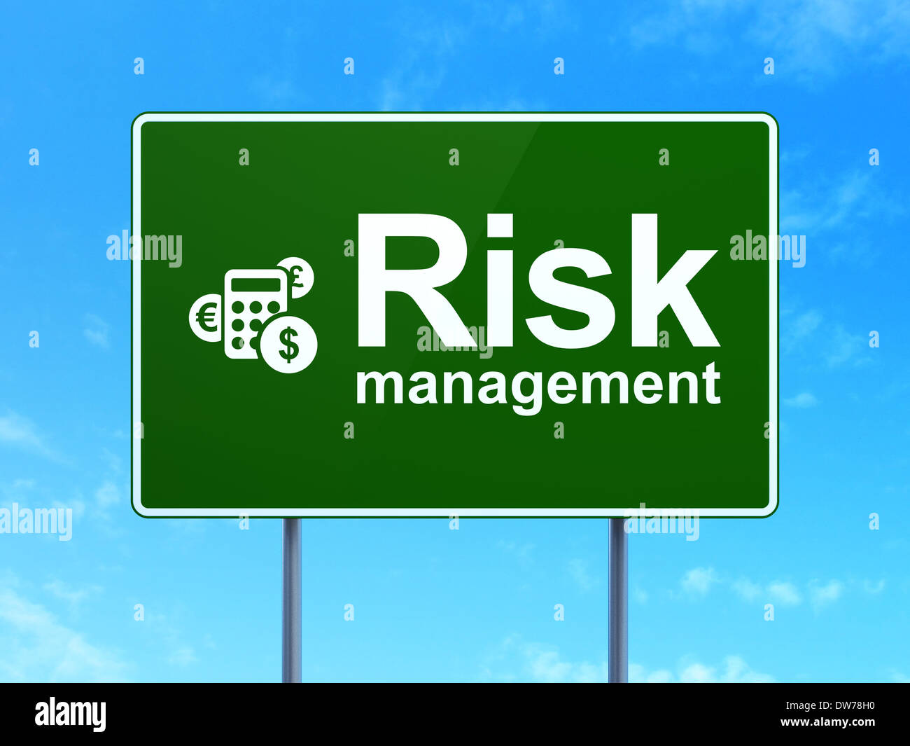 Finance concept: Risk Management and Calculator on road sign background ...
