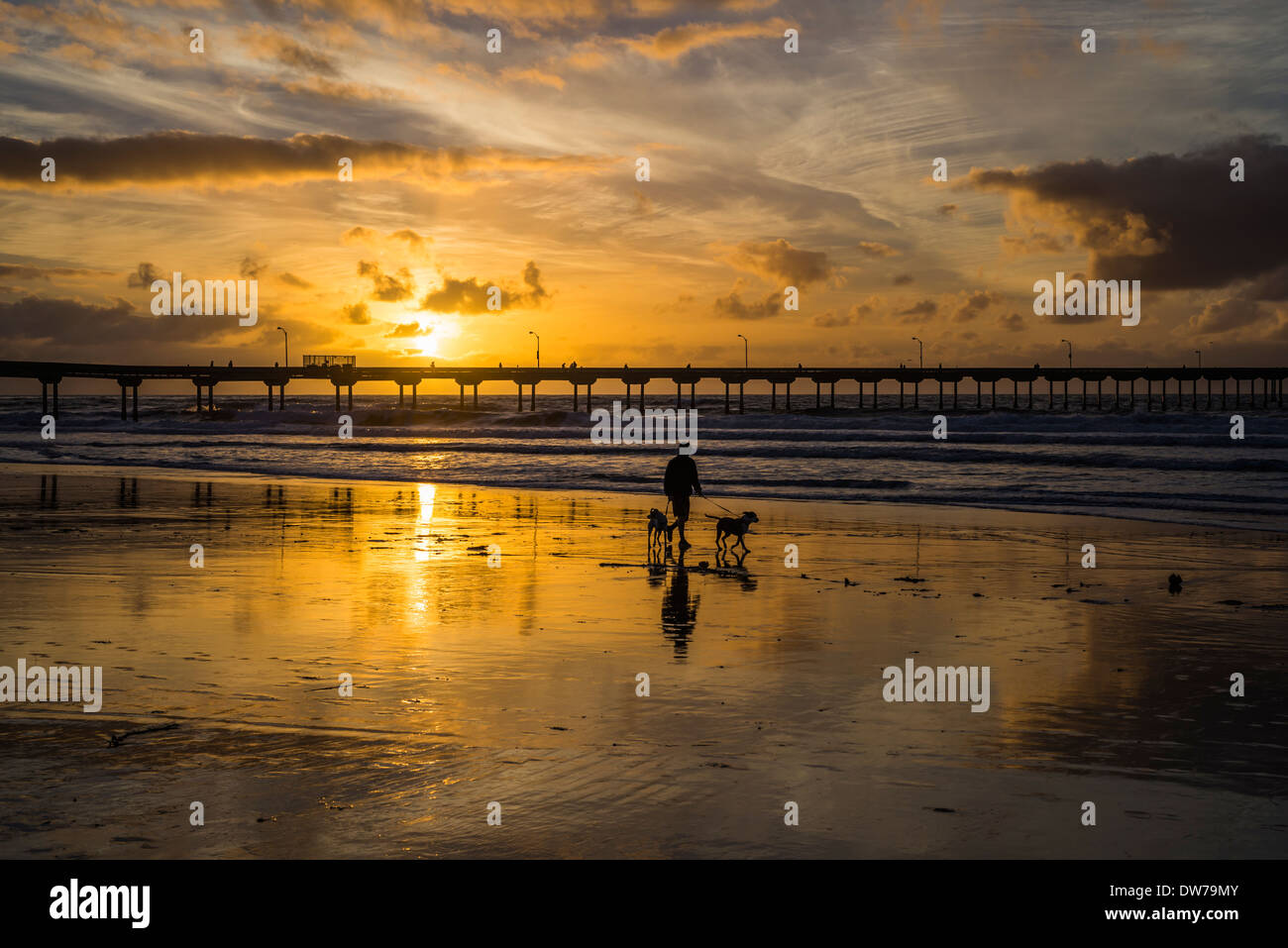 Ocean Beach and the Ocean Beach Pier with vibrant sunset. San Diego ...