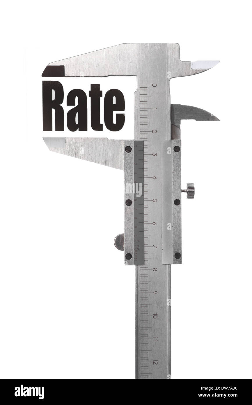 Close up shot of a caliper measuring the word "Rate Stock Photo - Alamy