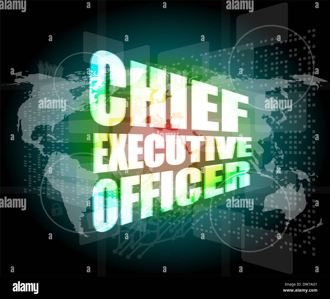 chief executive officer words on digital screen background with world ...