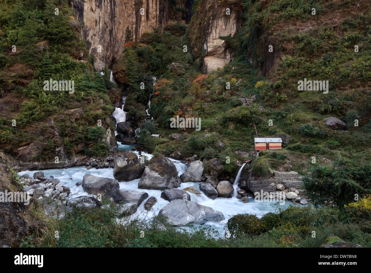 Hydroelectric power station on a side stream of the Marsyangdi Khola ...