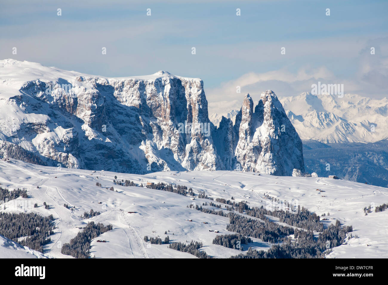 The snow capped peaks of The Sciliar Schlern with the outcrops of ...