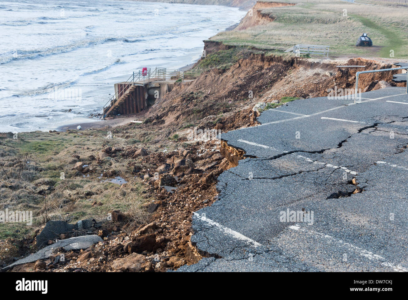 Coastal subsidence and erosion: tarmac car park collapsing into sea ...