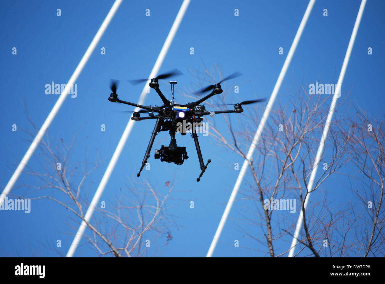 A six rotor drone with camera gimble rises to the top of the Margaret ...