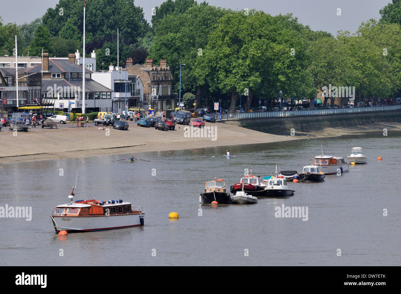 Putney rowing boat houses and thames river front, London, United ...