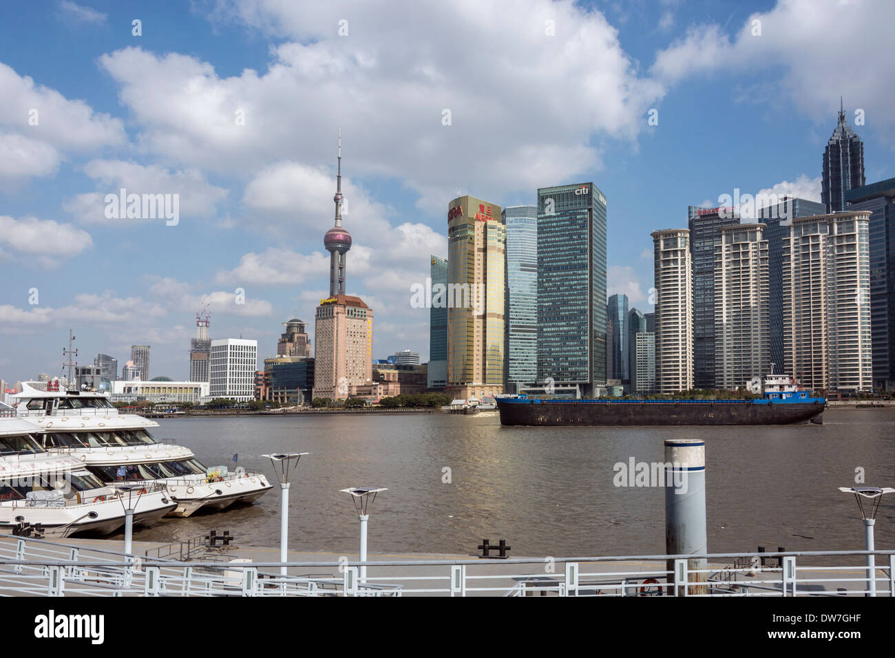 Pudong skyline and boats on the Huangpu River, Shanghai, China Stock ...