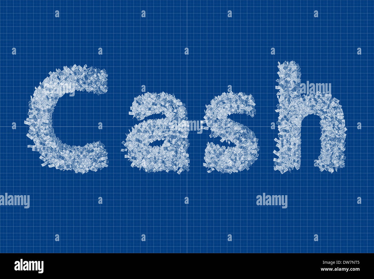 Word CASH made from Dollars - Blueprint sketch Stock Photo - Alamy