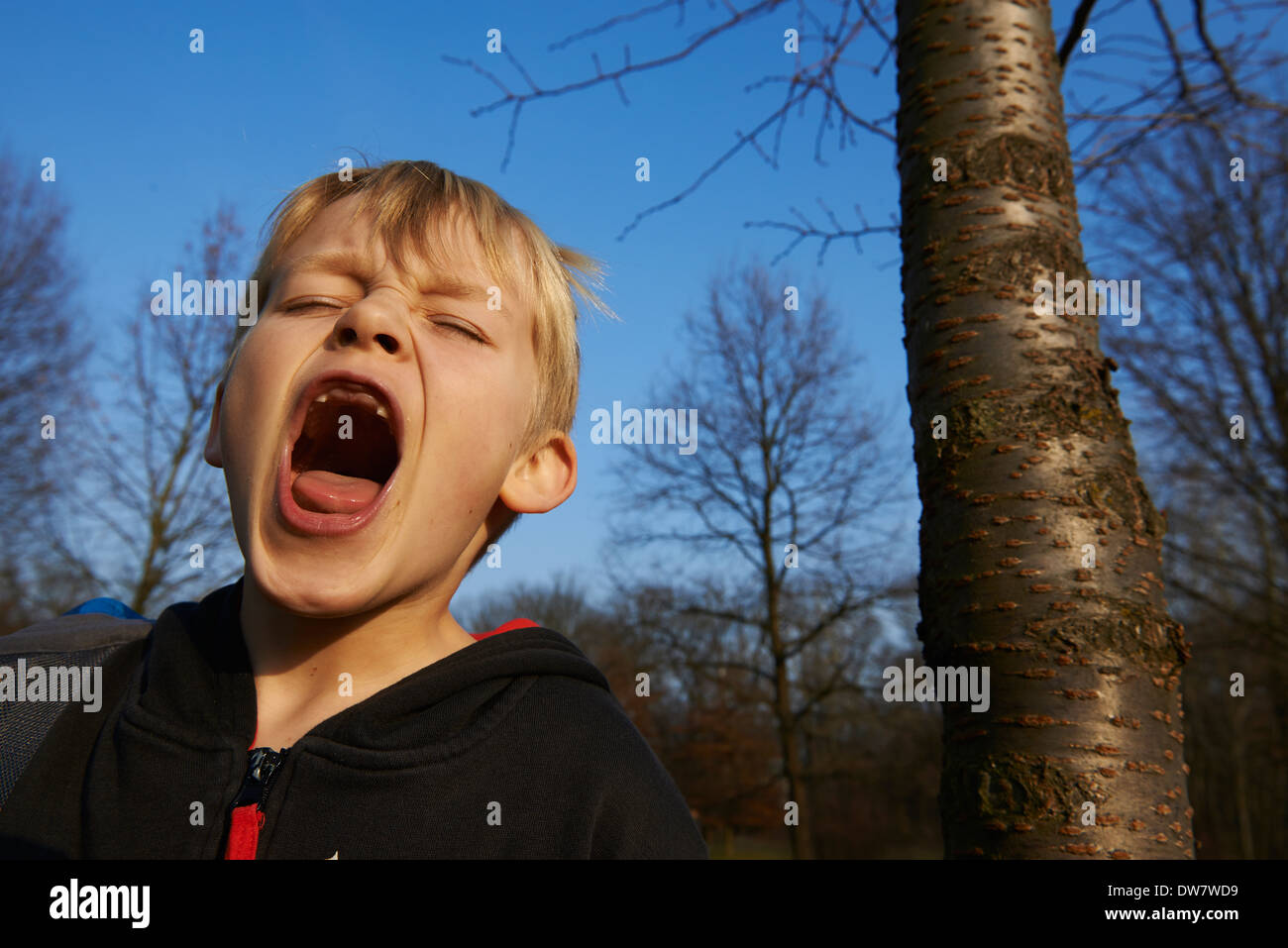 Silly young child blond boy gruesomely grimacing for camera Stock Photo ...