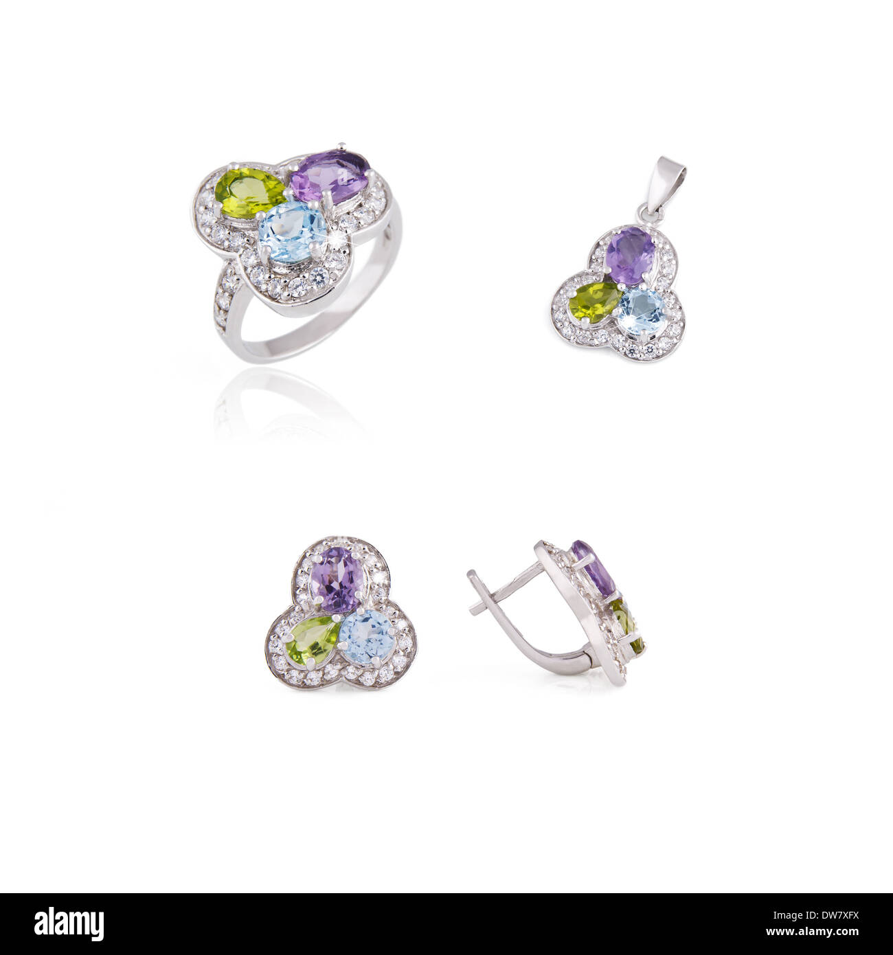 Silver jewelry on a white background Stock Photo - Alamy