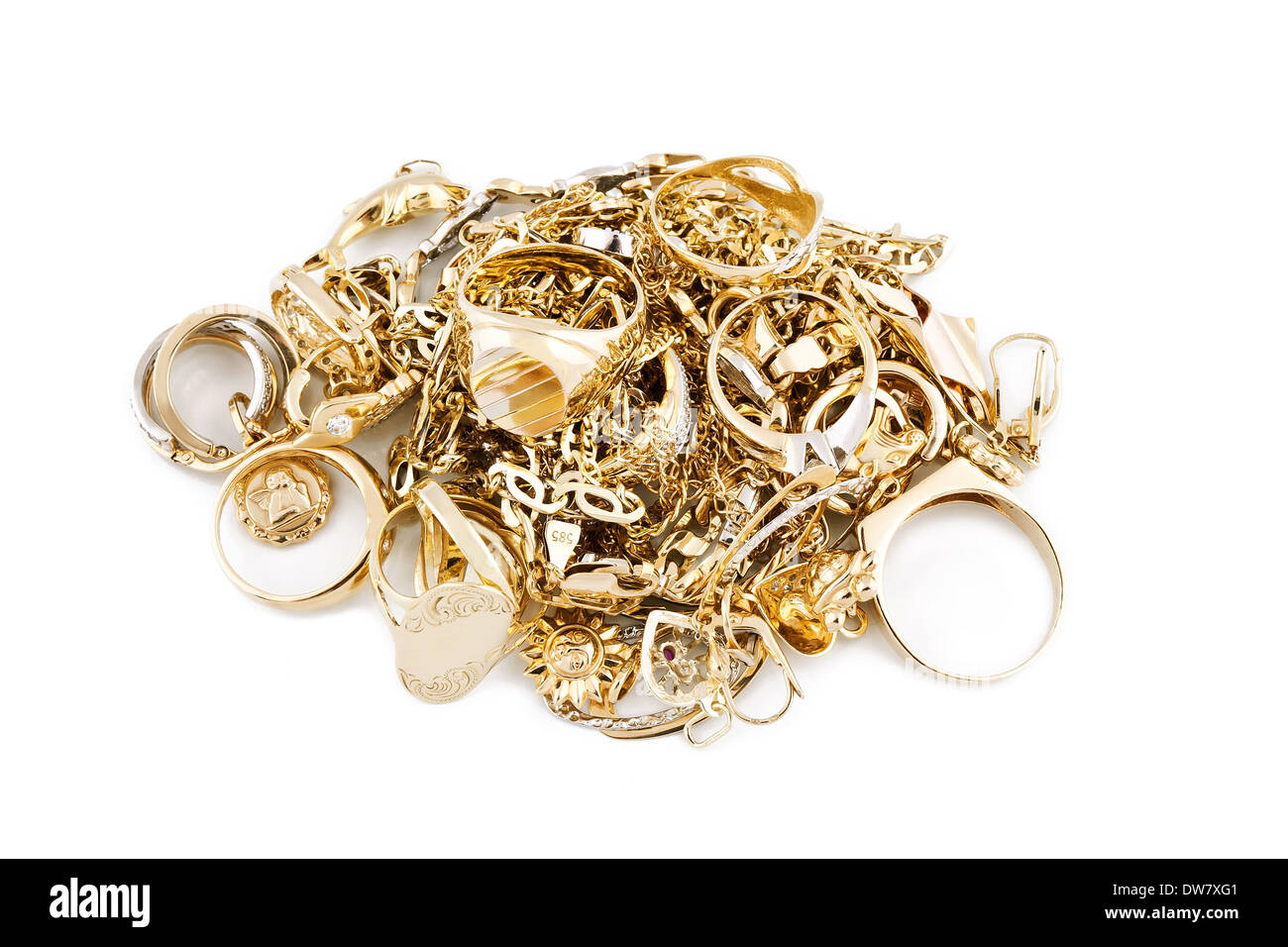 Gold jewelry on a white background Stock Photo - Alamy