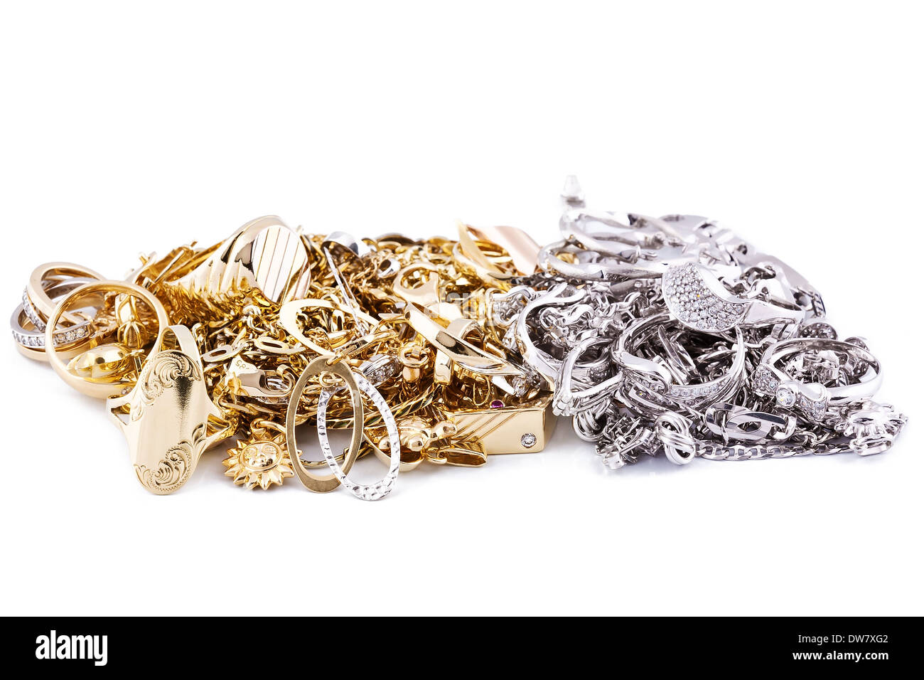 Gold jewelry on a white background Stock Photo - Alamy