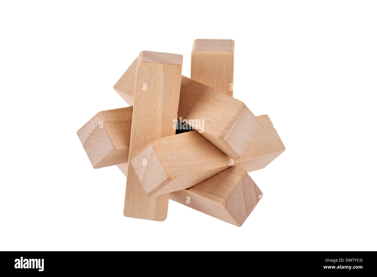 Wooden brain teaser on white background Stock Photo - Alamy