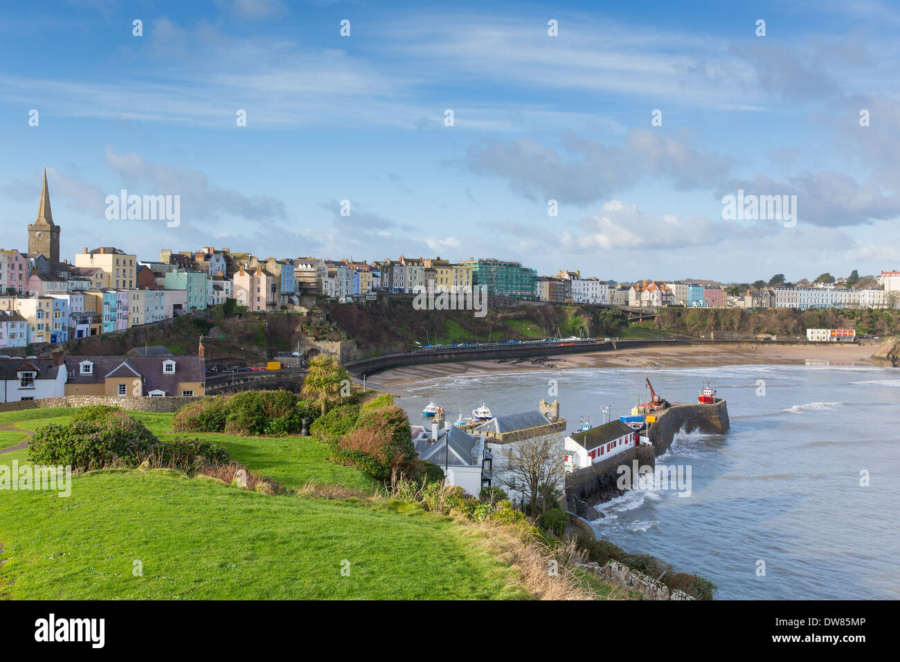 Tenby harbour and coast Pembrokeshire Wales historic Welsh town on west ...